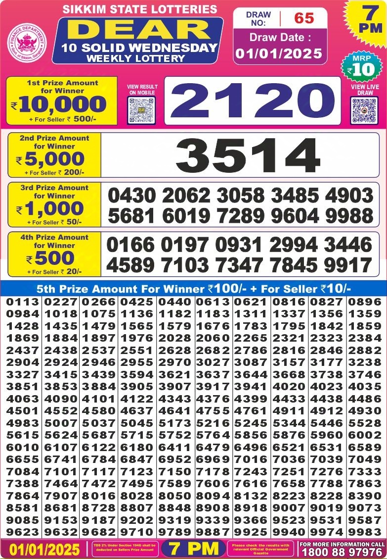 Dear 10 Solid Wednesday Weekly Lottery 1 1 25 7pm Result Dear Lottery