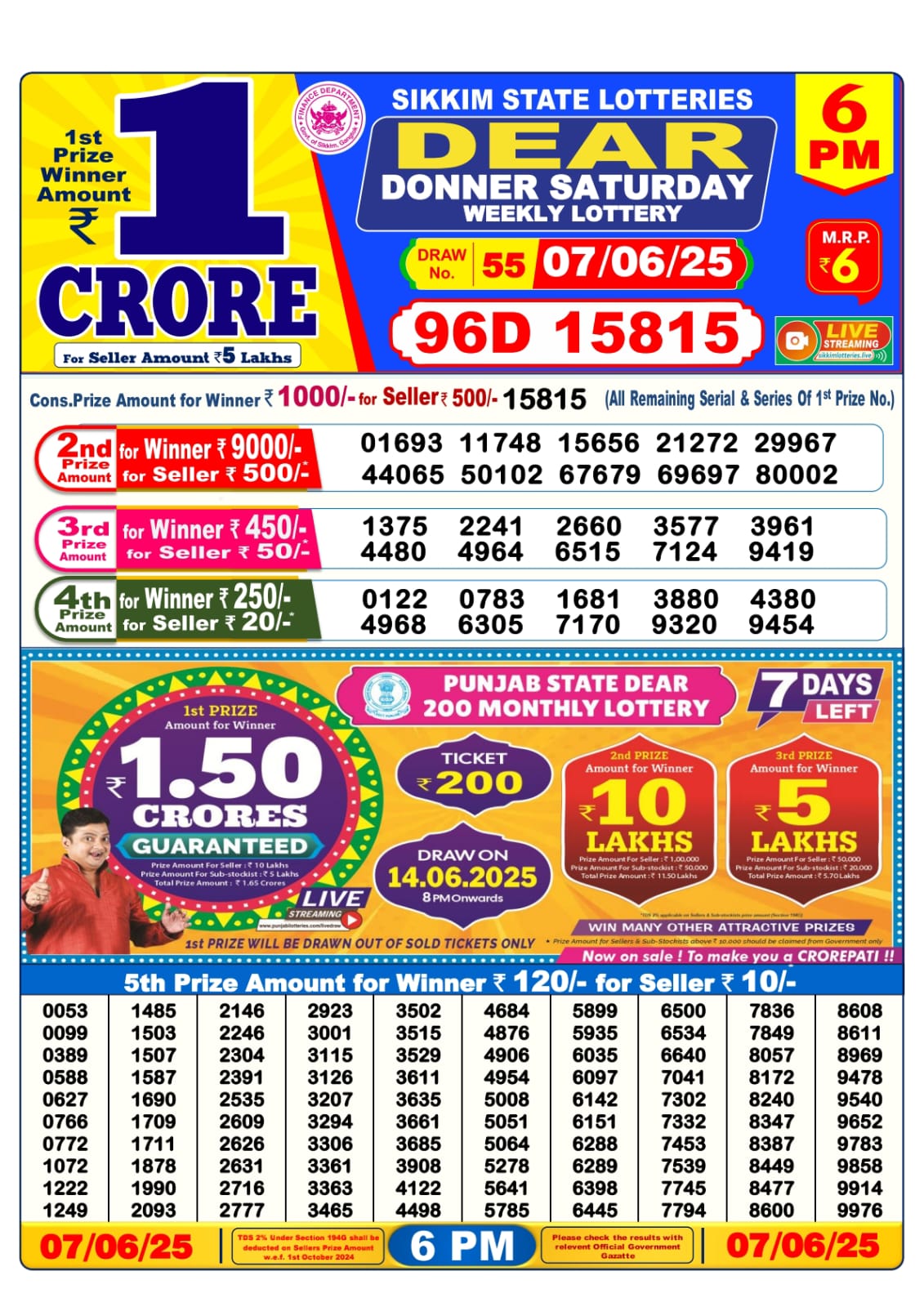 Dear donner saturday weekly lottery 07.06.25 6pm result - Dear Lottery ...