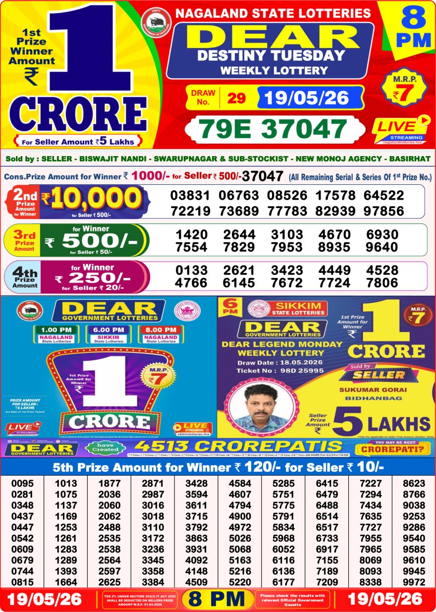 Dear Destiny Tuesday Weekly Lottery 19.05.26 8pm Result